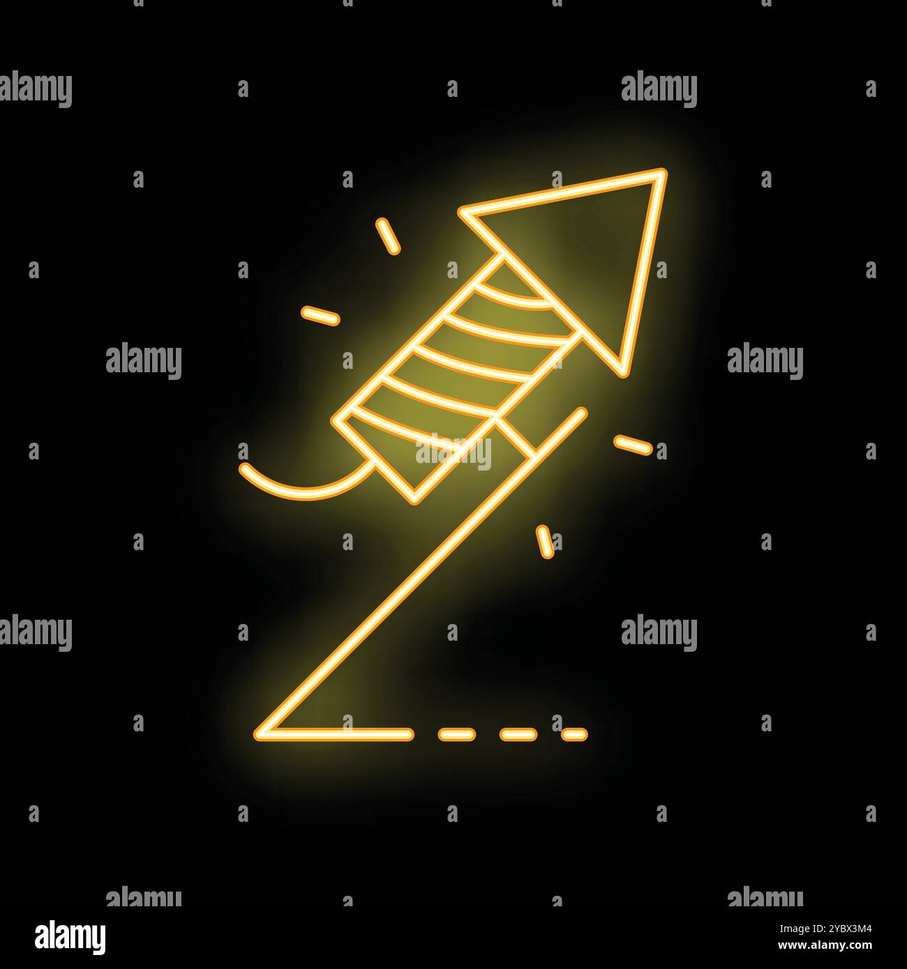 Yellow neon sign of a firework rocket launching up with a trail of ...