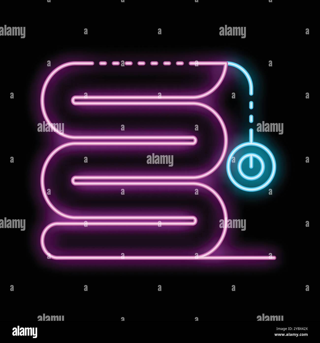 Neon icon of a heated towel dryer with a power button, glowing pink and ...