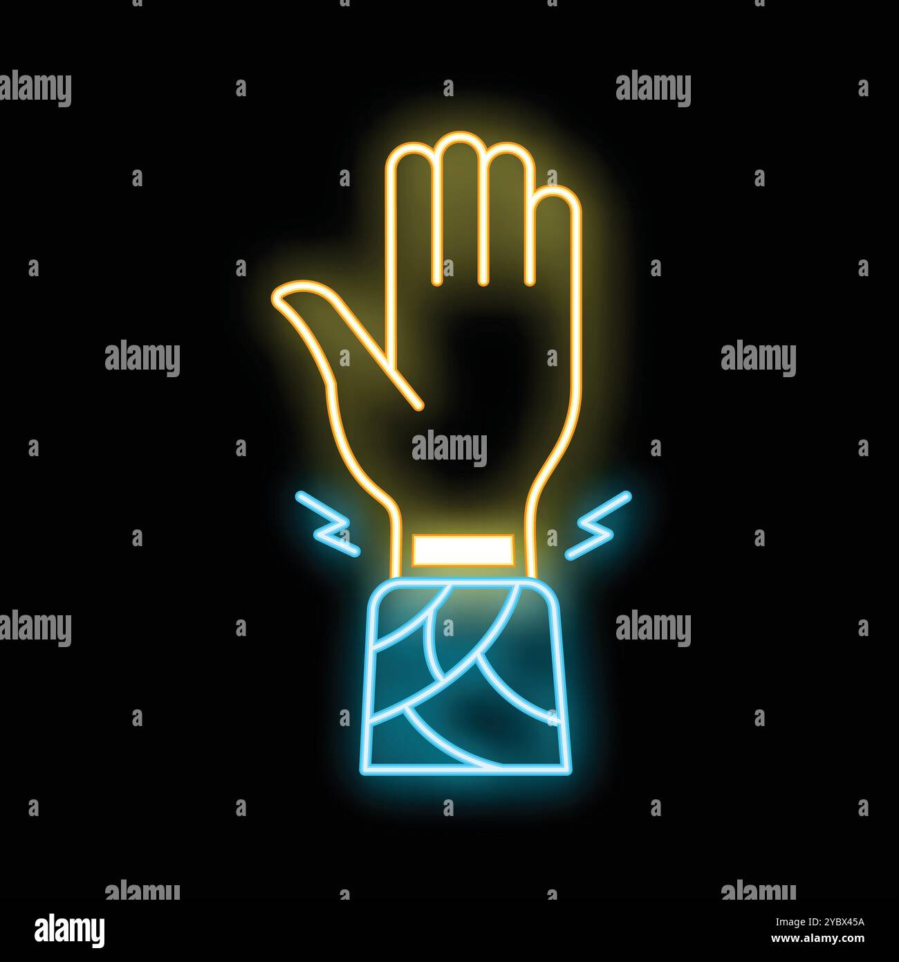Neon sign depicting a hand with a blue bandage, lightning bolts ...