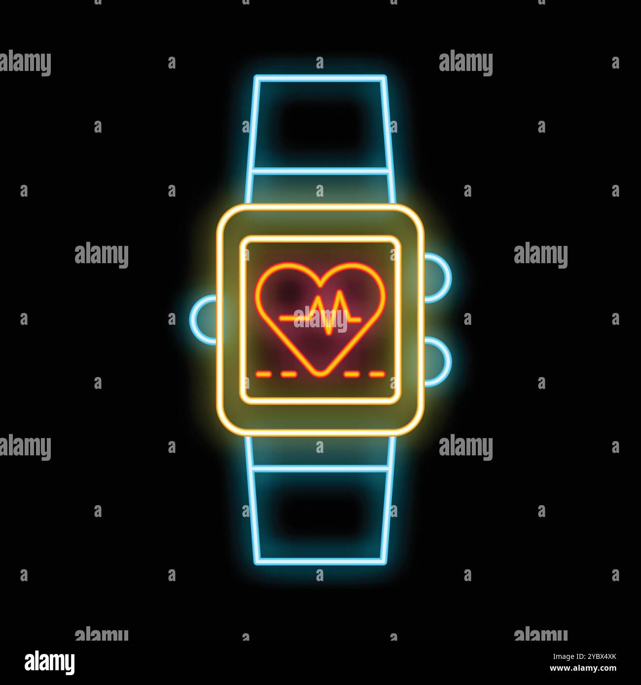 Neon smart watch showing heartbeat icon on black background Stock ...