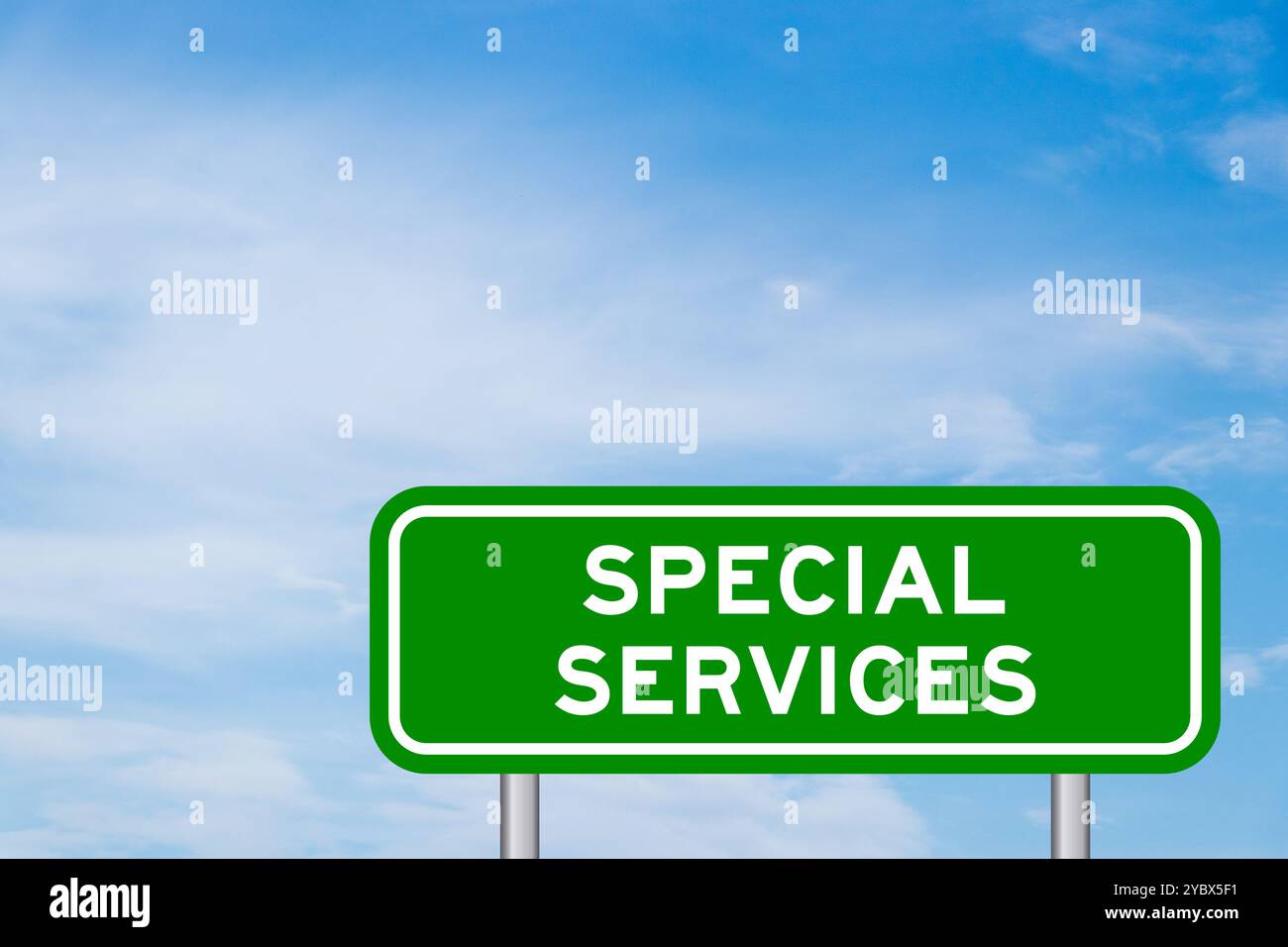 Green color transportation sign with word special services on blue sky ...