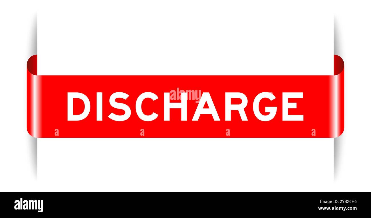 Red color inserted label banner with word discharge on white background ...
