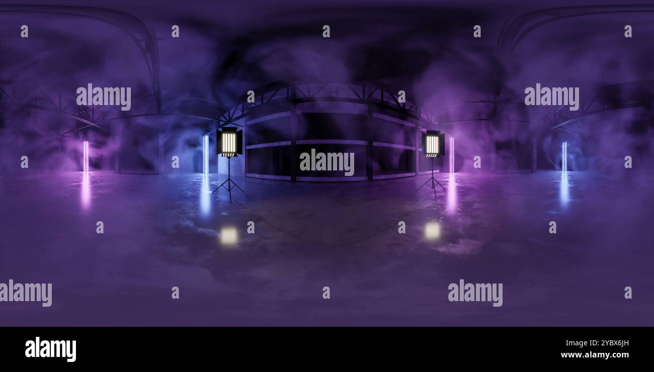 A futuristic, atmospheric scene featuring a dimly lit space with purple ...
