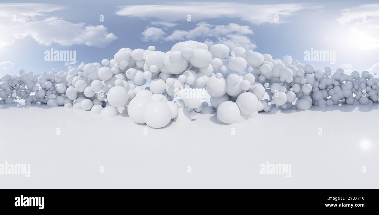 A 3D rendering of a landscape filled with glossy white spheres of ...