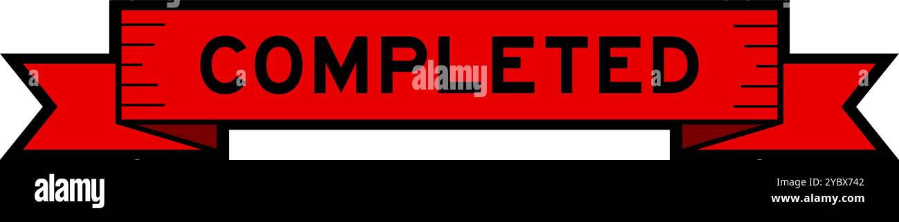 Ribbon label banner with word completed in red color on white ...