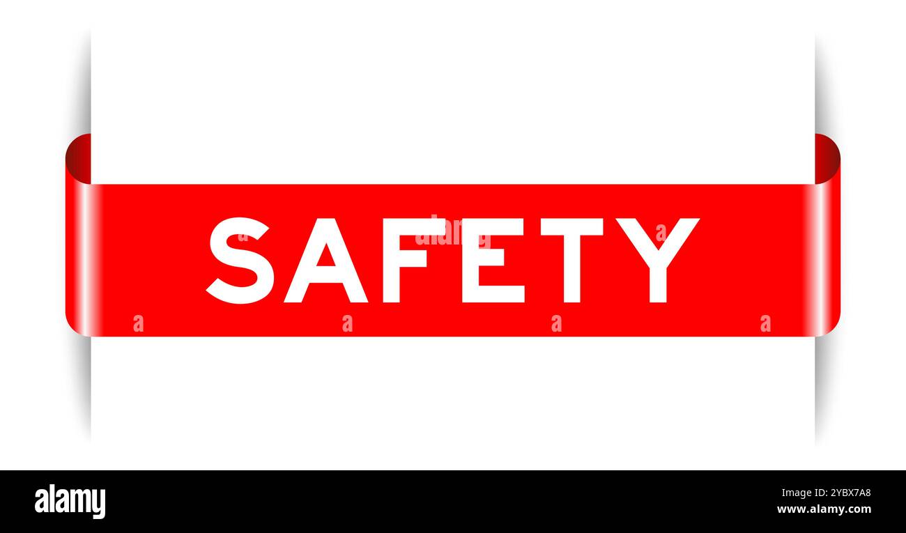Red color inserted label banner with word safety on white background ...