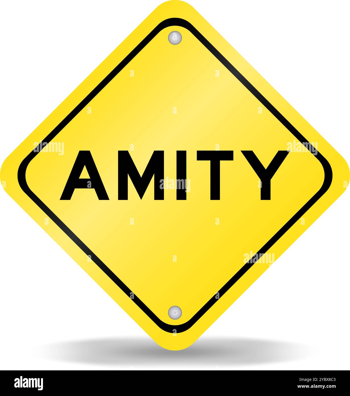 Yellow color transportation sign with word amity on white background ...