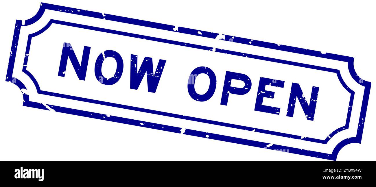 Grunge blue now open word rubber seal stamp on white background Stock ...