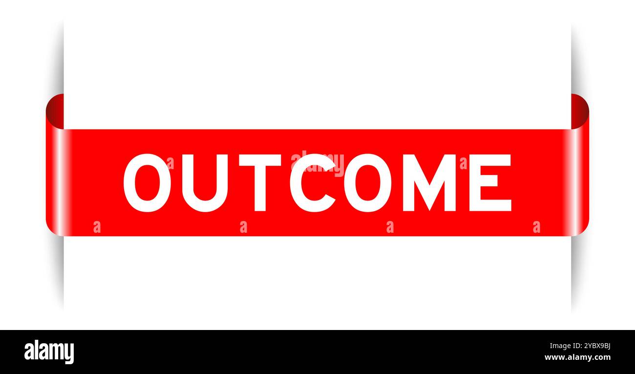 Red color inserted label banner with word outcome on white background ...