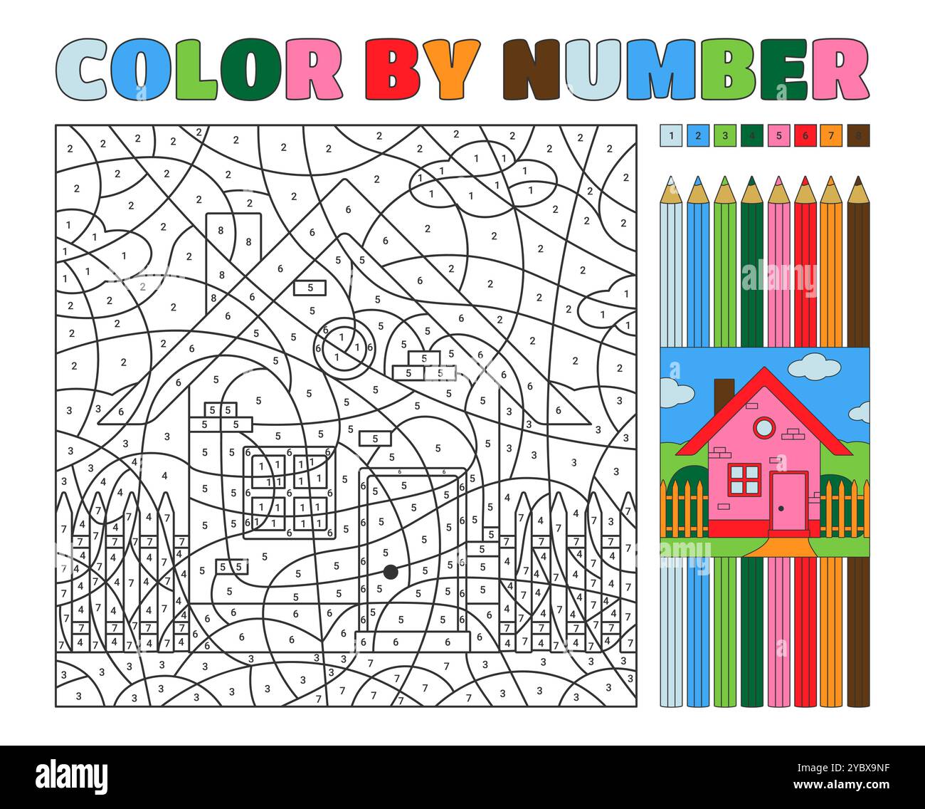 A fun color by number drawing of a house with colored pencils Stock ...