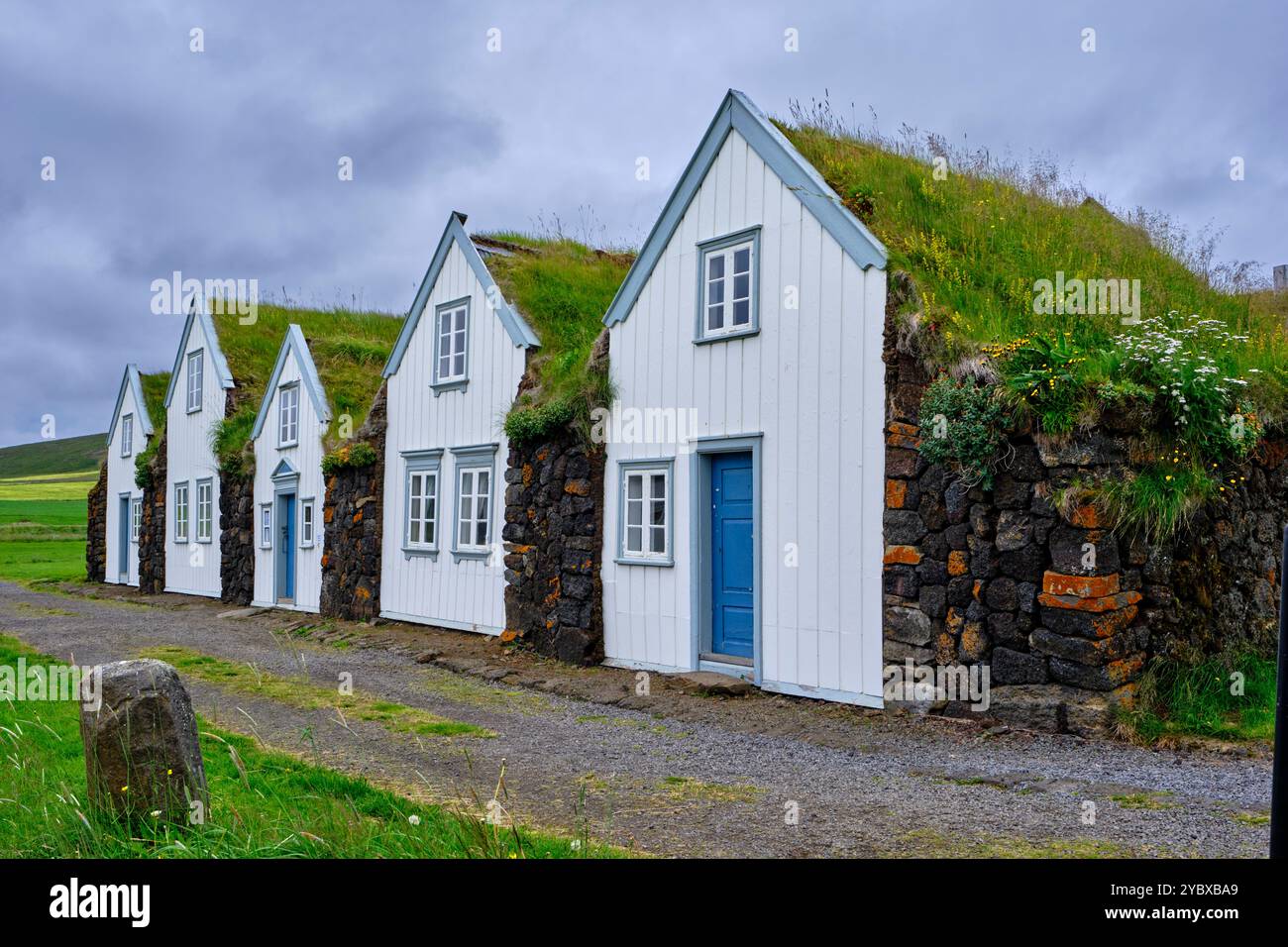 Iceland, Nordurland Eystra region, Grenjaðarstaður, old turf houses ...