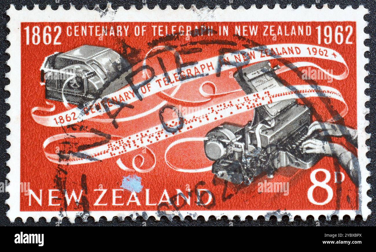 Cancelled postage stamp printed by New Zealand, that shows Telex and ...