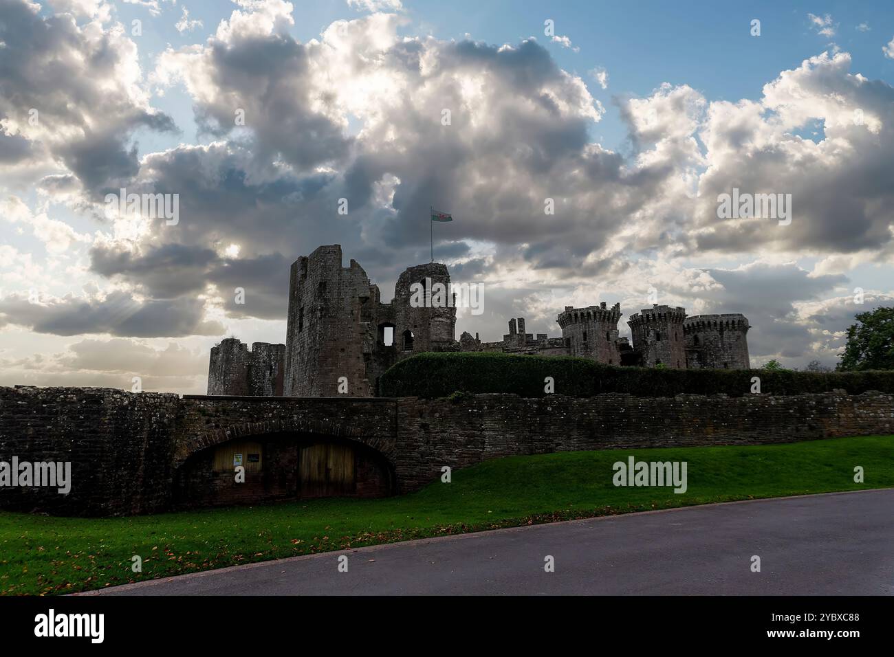 Late afternoon clouds over Raglan Castle in Monmouthshire, Wales Stock ...