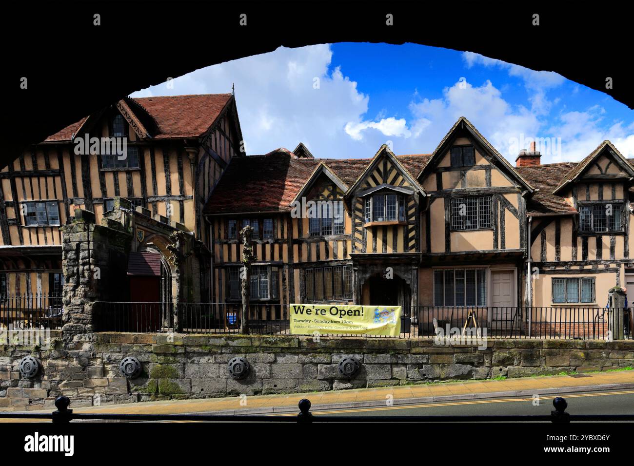 The timber framed facade of the Lord Leycester Hospital in Warwick town ...