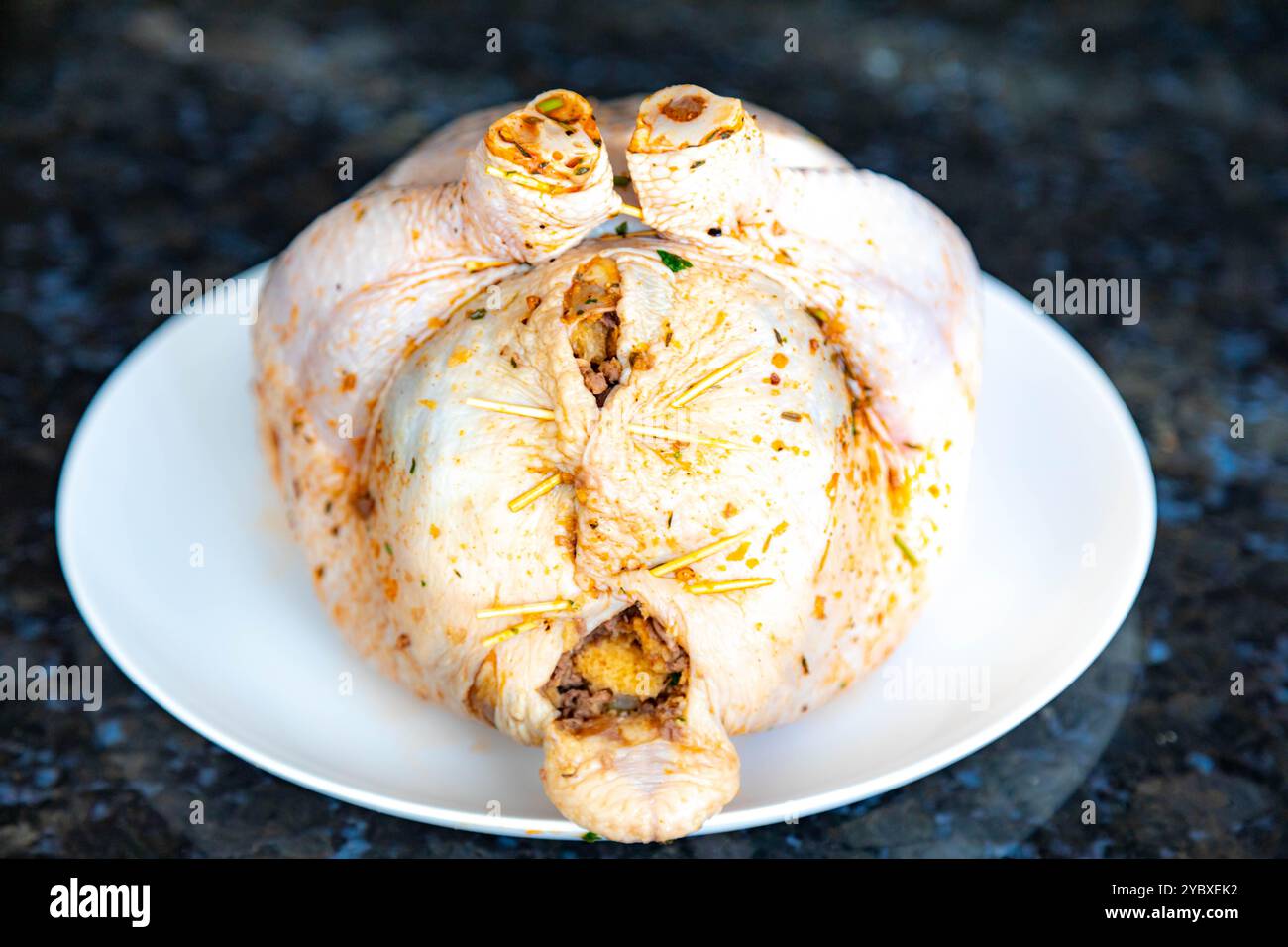 Rustic roast chicken stuffed with farofa Stock Photo - Alamy