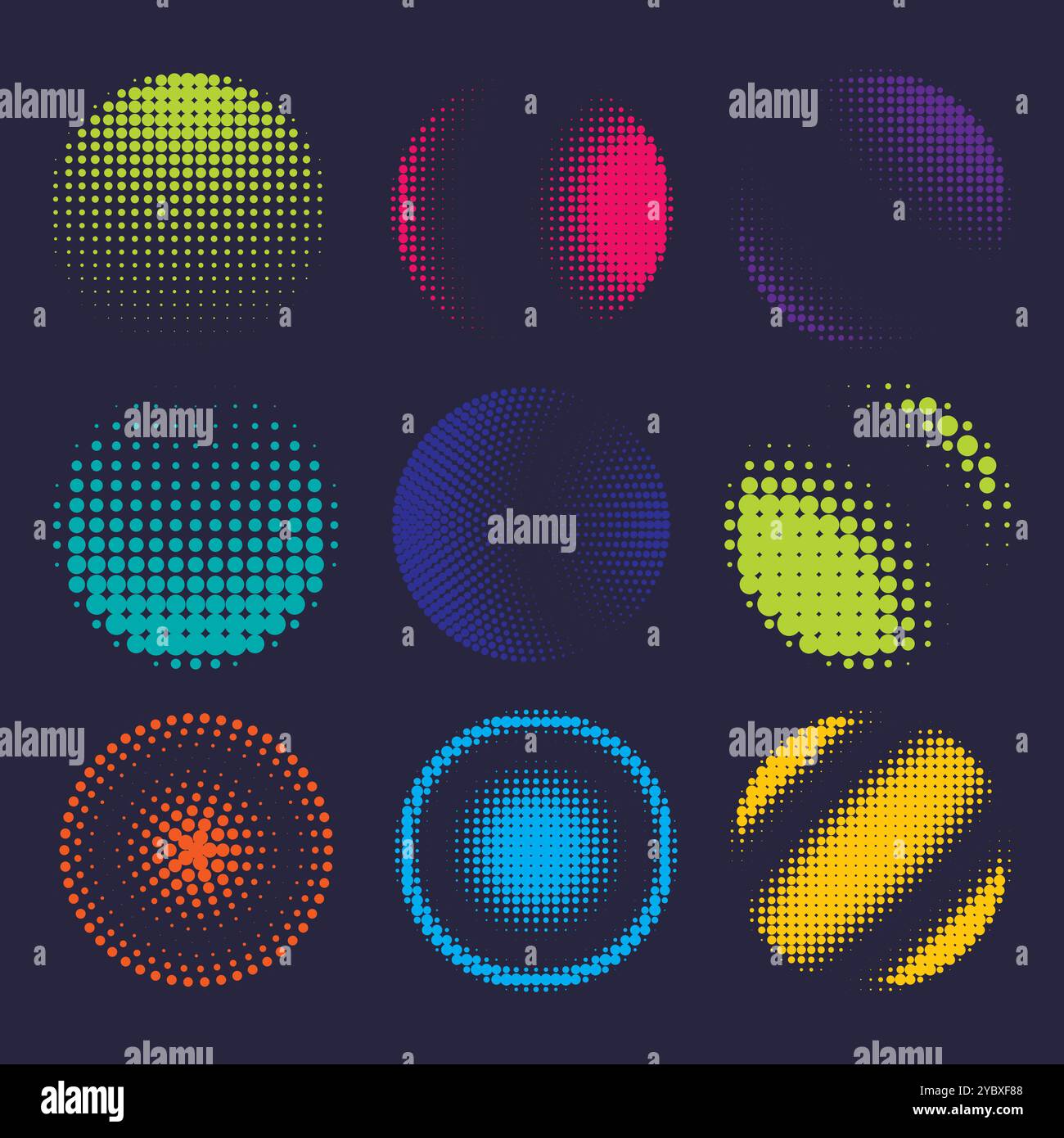 nine distinct halftone circular designs in various colors Stock Vector ...