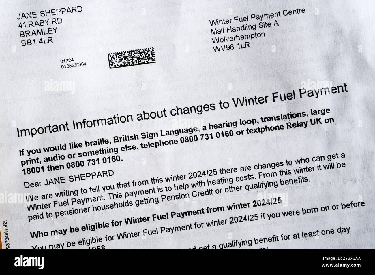 A letter setting out the 2024 changes to the pensioners' Winter Fuel Payment. From Winter 2024/ ...