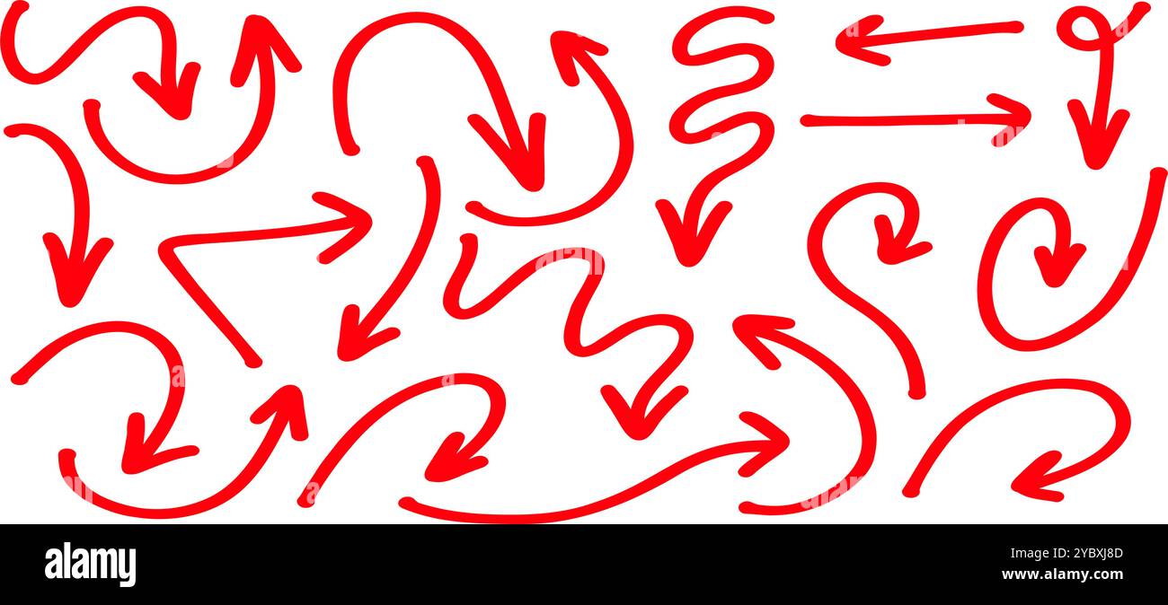Red curved arrows illustrated on a white background for creative design ...