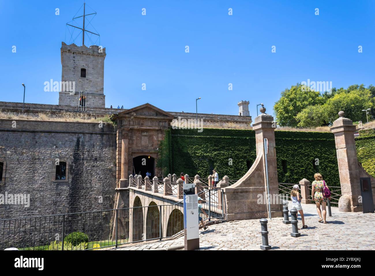 Barcelona, Spain - July 21, 2022: The bridge and gate to Montjuic ...