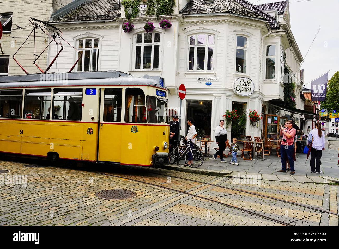 Bergen, Norway 8th September, 2024 Tram service stops at the Cafe Opera ...