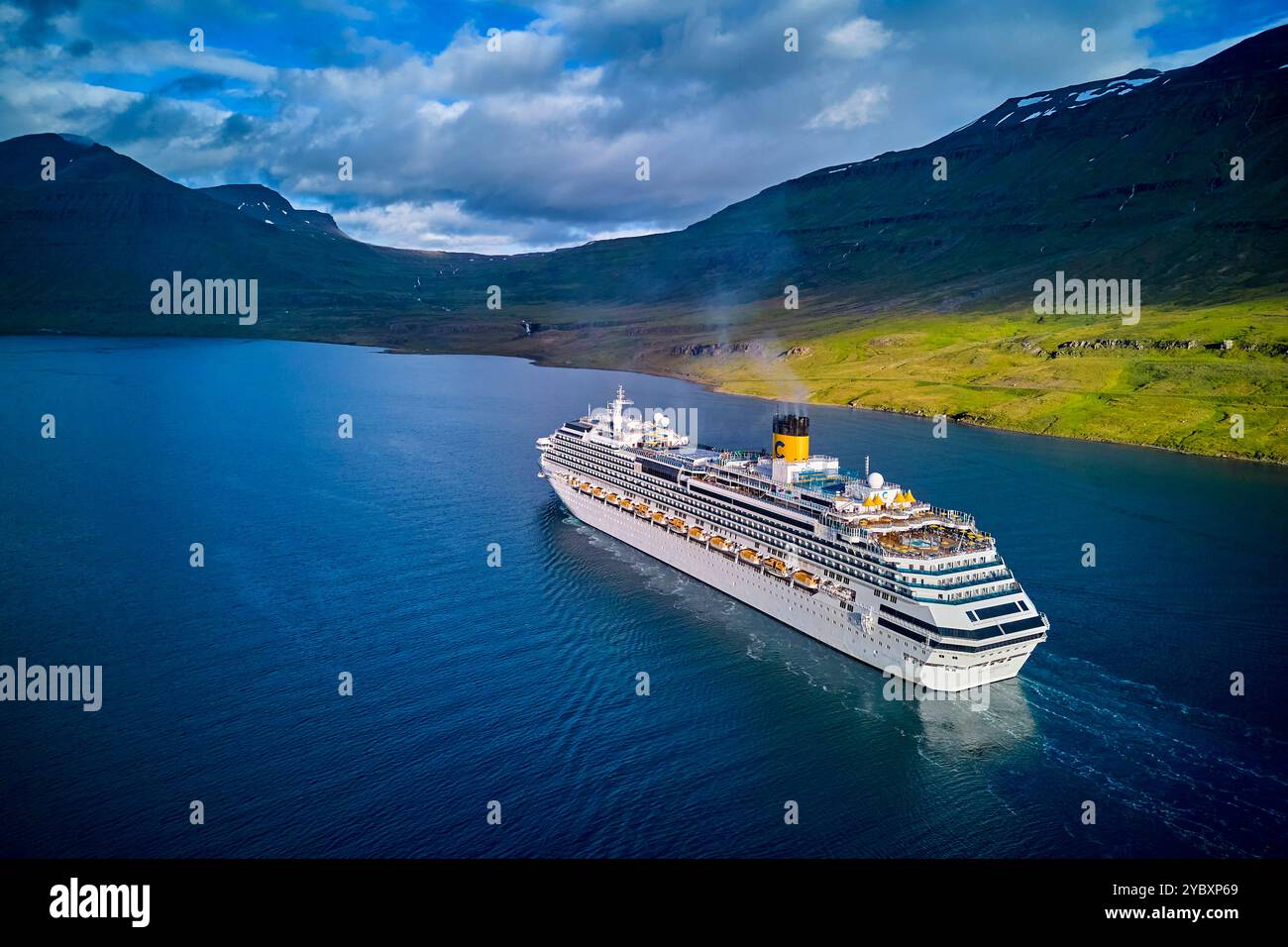 Iceland, Austurland region, Seyðisfjördur fjord, Costa cruise ship ...