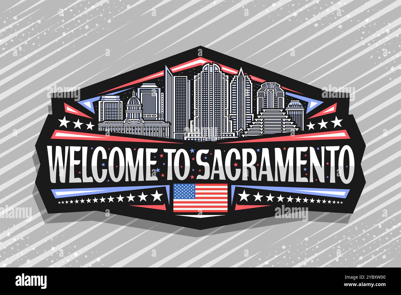 Vector logo for Sacramento, decorative dark sign with draw illustration ...