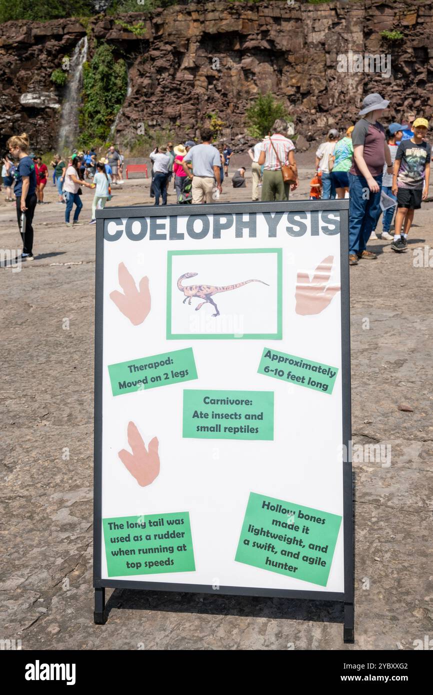 A sign for a coelophysis dinosaur has facts for visitors. Rock quarry ...