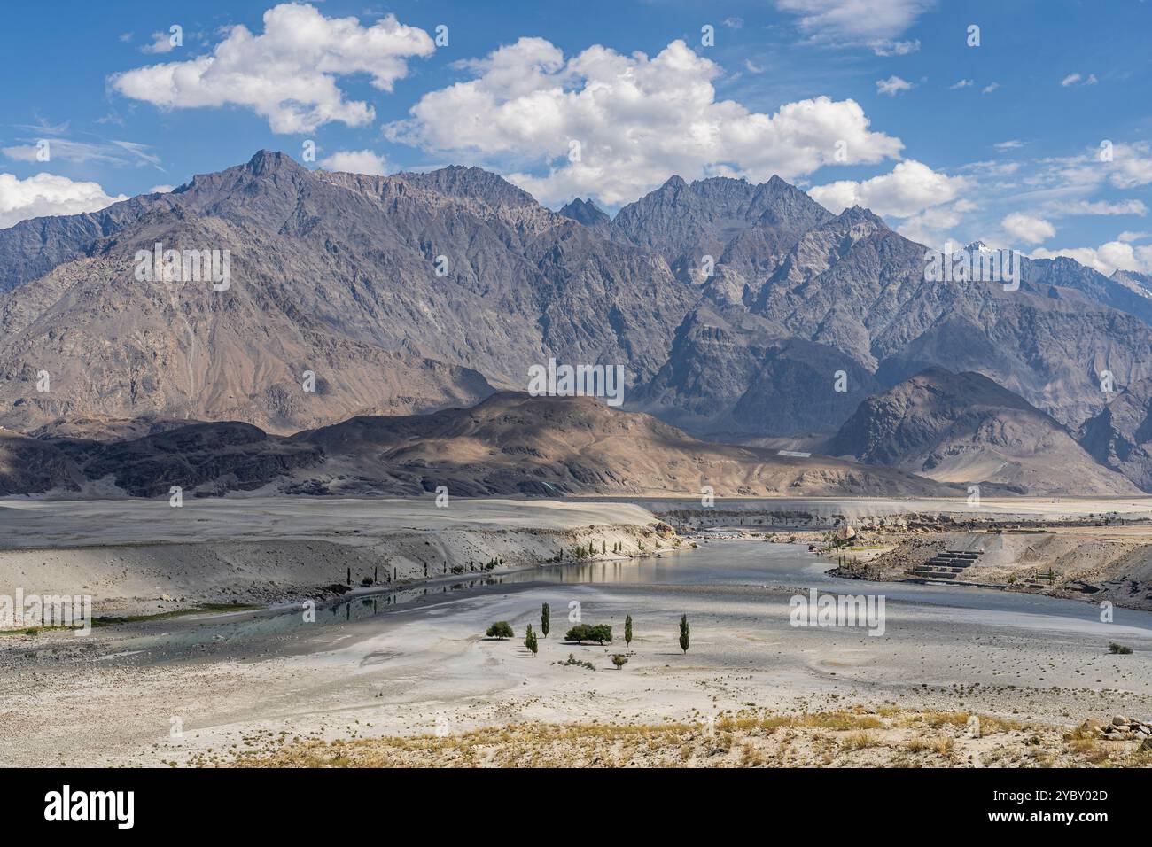 Scenic mountain landscape view of Indus river valley at Sarfaranga ...