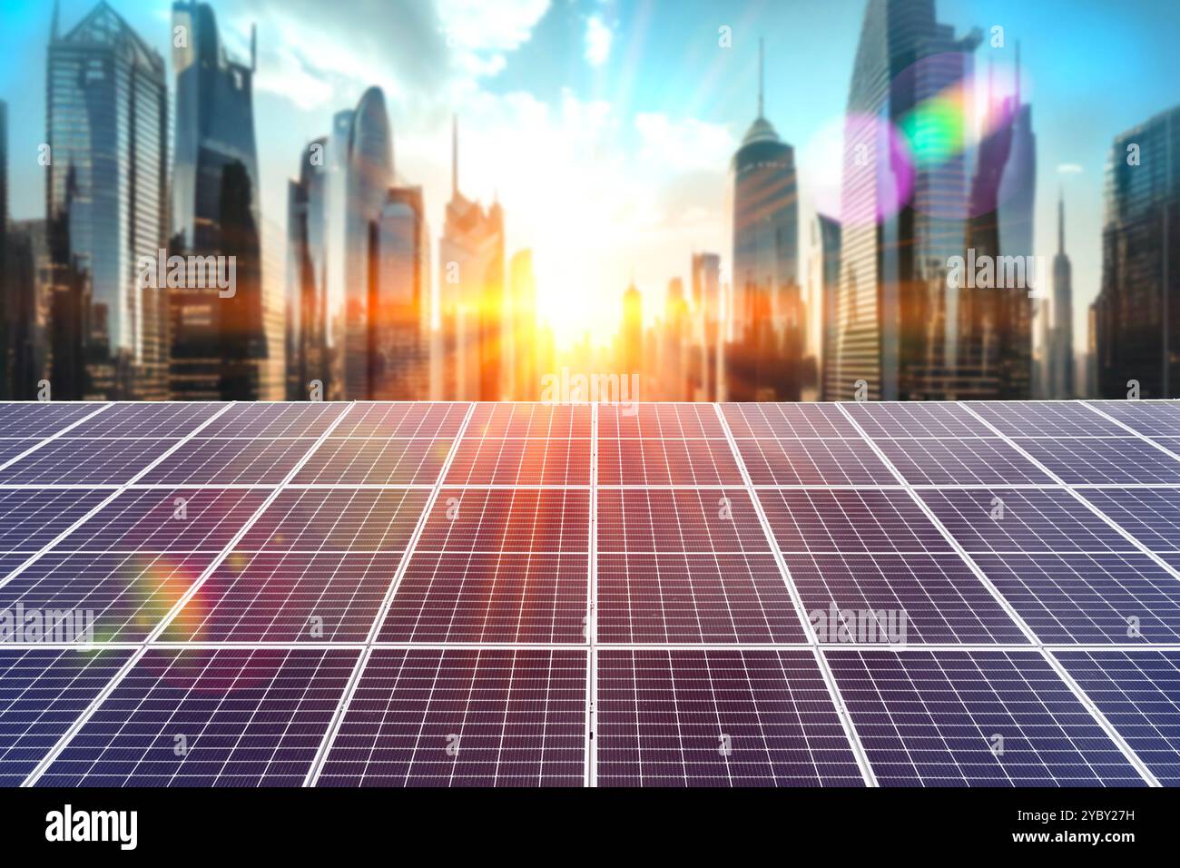 Solar power in cities Solar panels powering a big city. Renewable ...