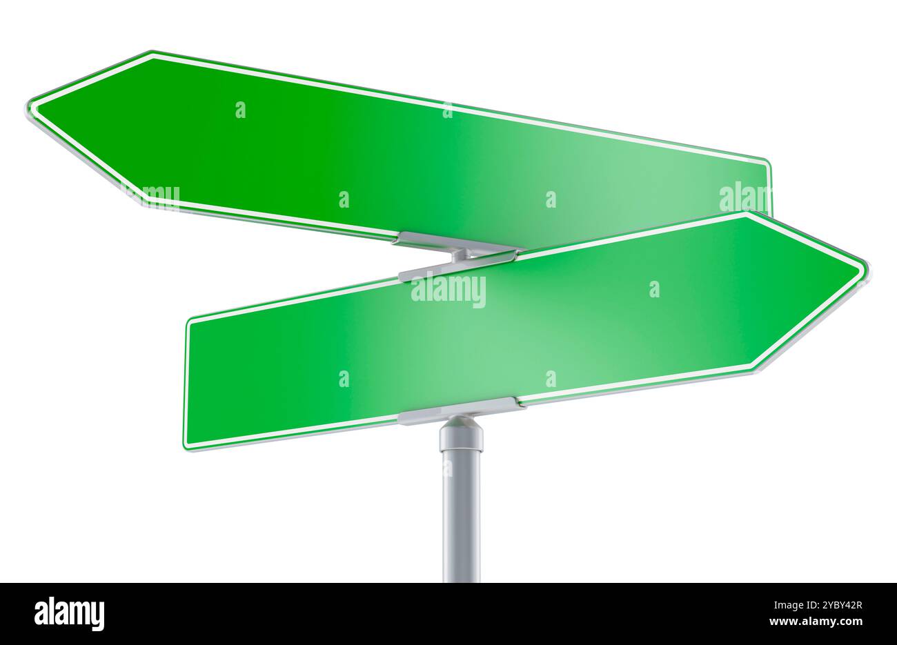 Two empty green traffic road sign arrows, opposite traffic signs, 3D rendering isolated on white ...