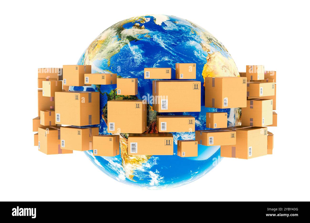 Earth Globe with parcels around. Global shipping and delivery, concept ...