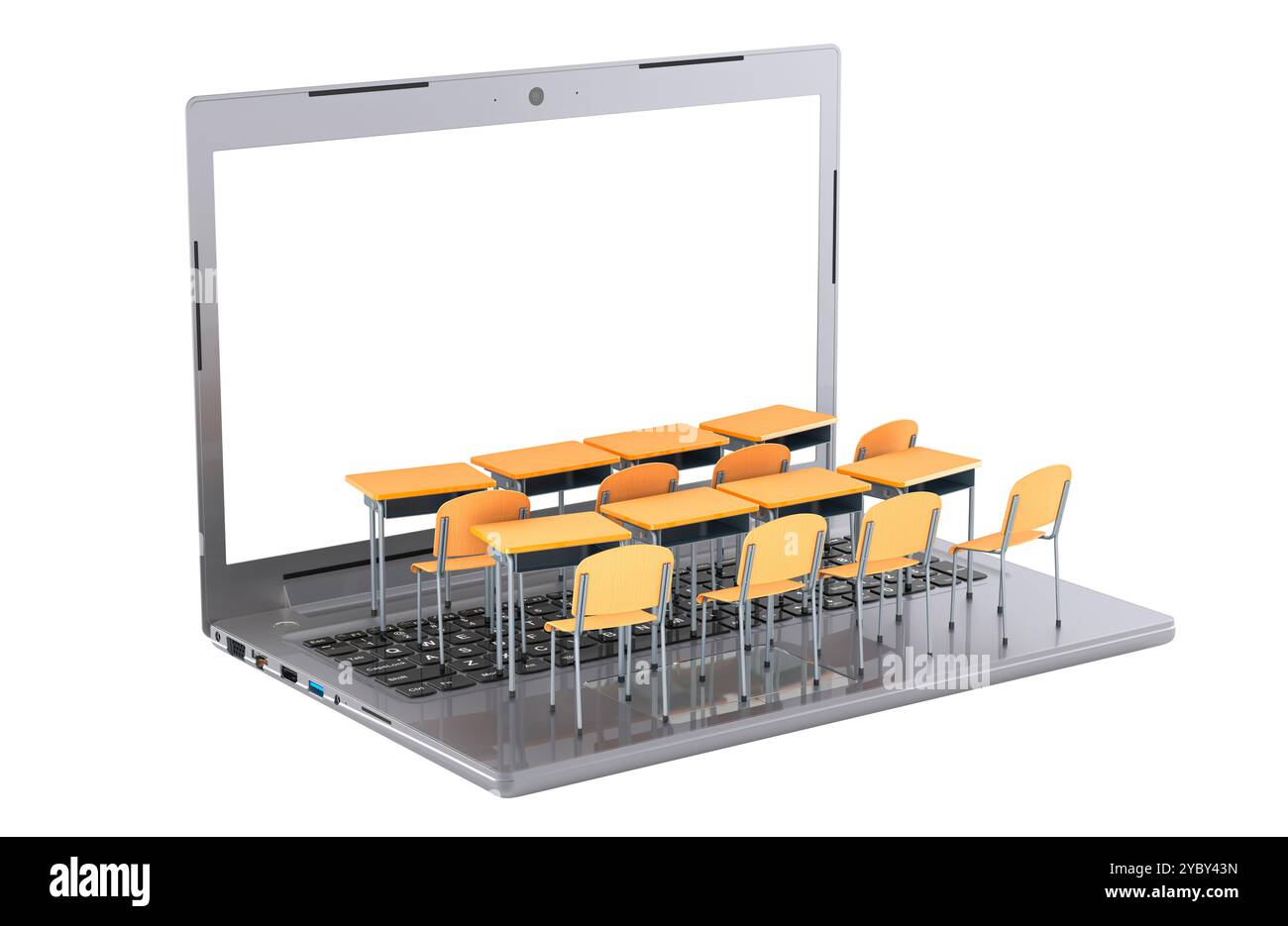 Laptop with school desks and white screen. Online learning, concept. 3D ...