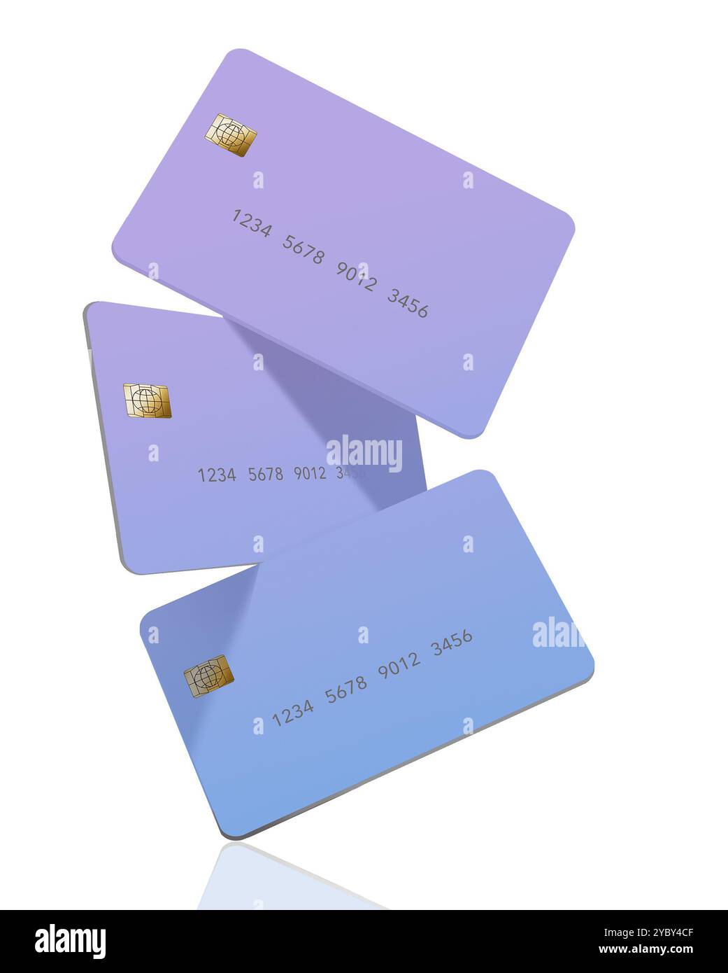 Three generic mock credit cards with text area are seen isolated on a ...