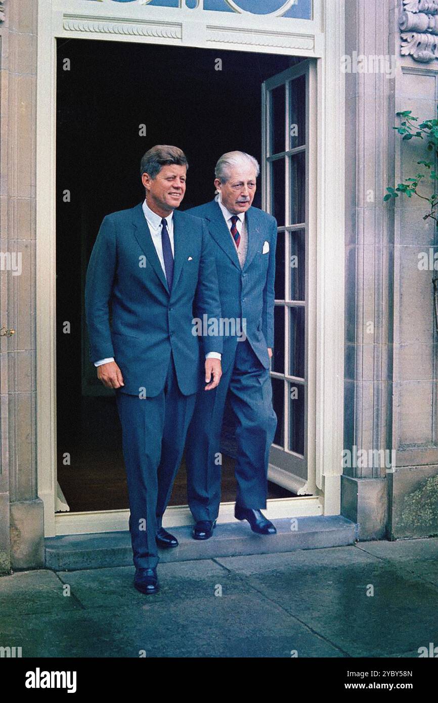 U.S. President John F. Kennedy and Prime Minister of Great Britain, Harold Macmillan, exit the ...