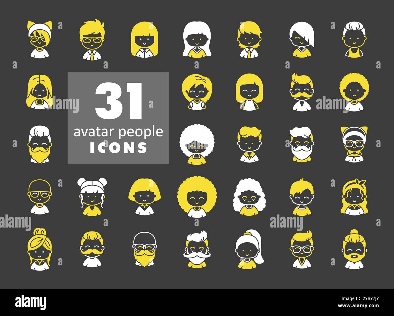 Set of avatar related vector solid icons on dark background. Includes ...