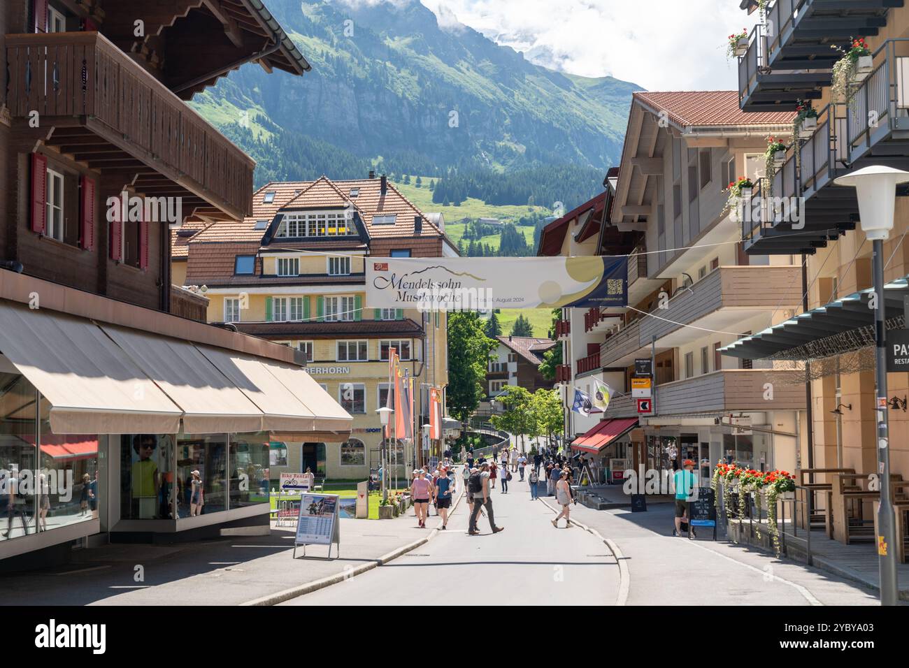 Wengen, Switzerland - July 23, 2024: Street view of the village of ...
