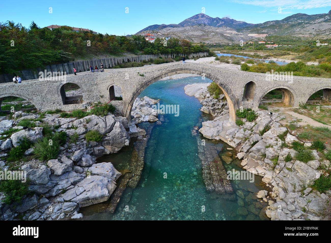 The historic Mes Bridge in Shkodra, Albania, was built in the 18th ...