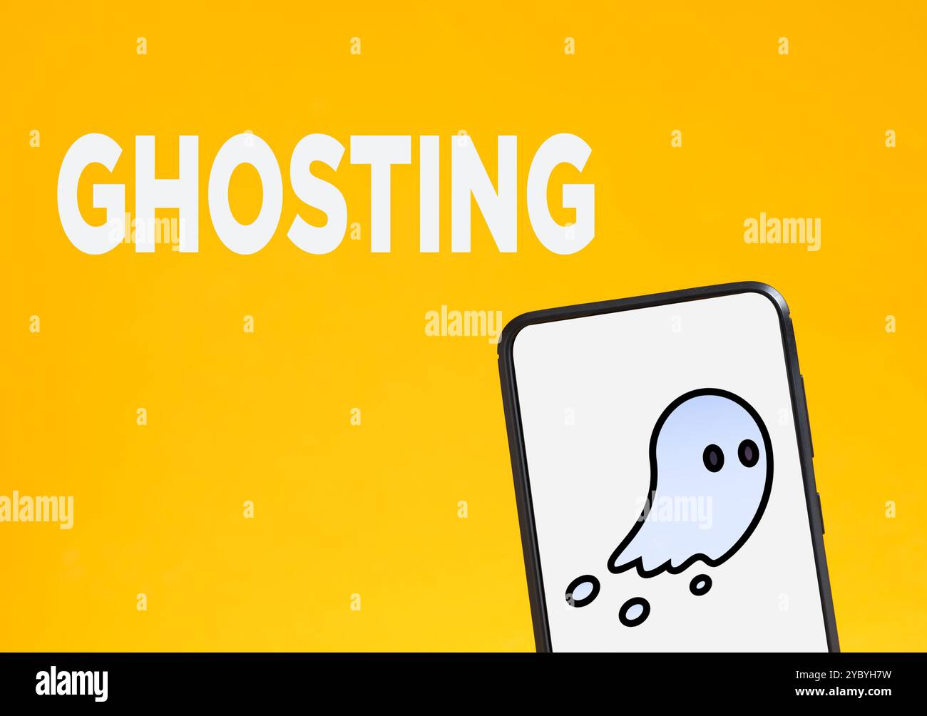 Ghosting concept. Smartphone against yellow background showing a ghost ...