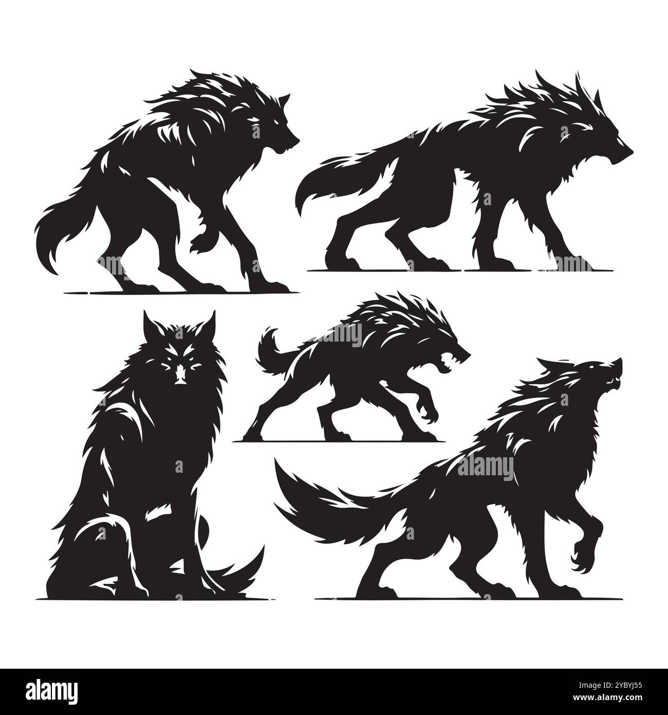 Set of werewolf silhouettes isolated on a white background, Vector ...