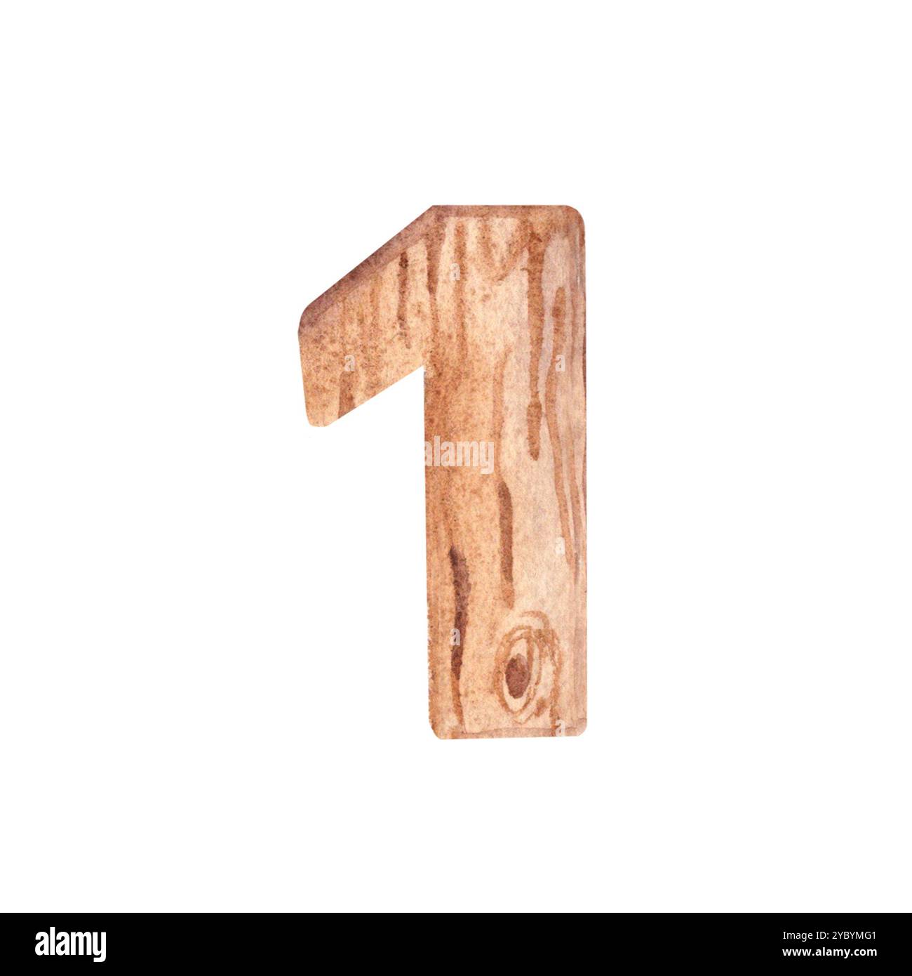 Wooden Number One. Front view. Watercolor illustration in rustic style ...
