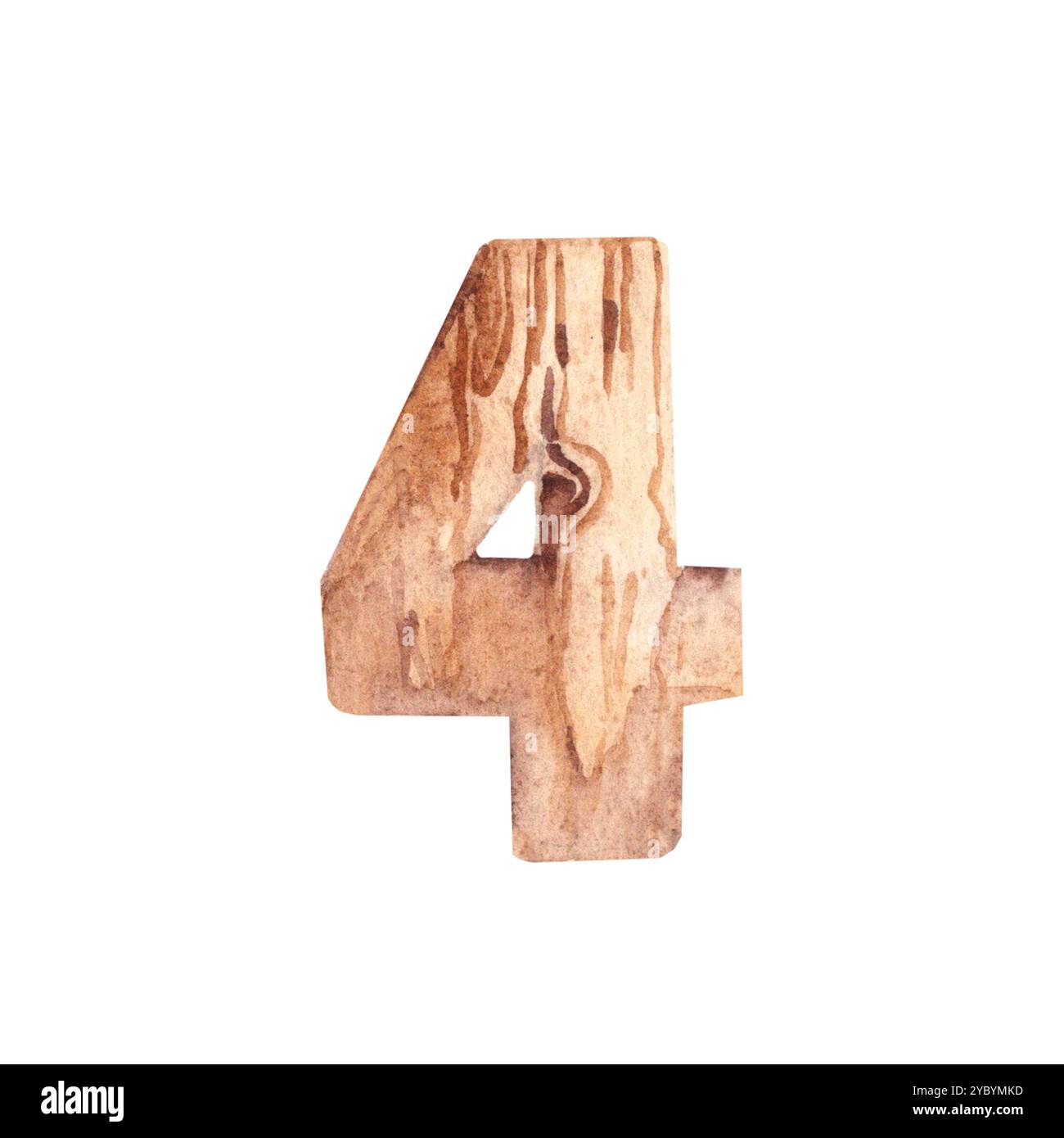 Wooden Number Four. Front view. Watercolor eco illustration isolated on ...