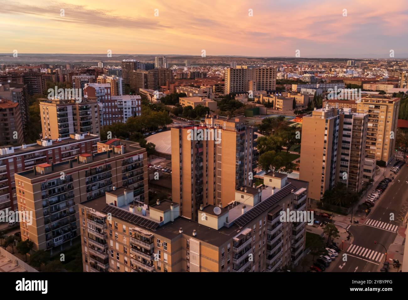 Aerial view of La Romareda neighborhood skyline at sunset, Zaragoza ...