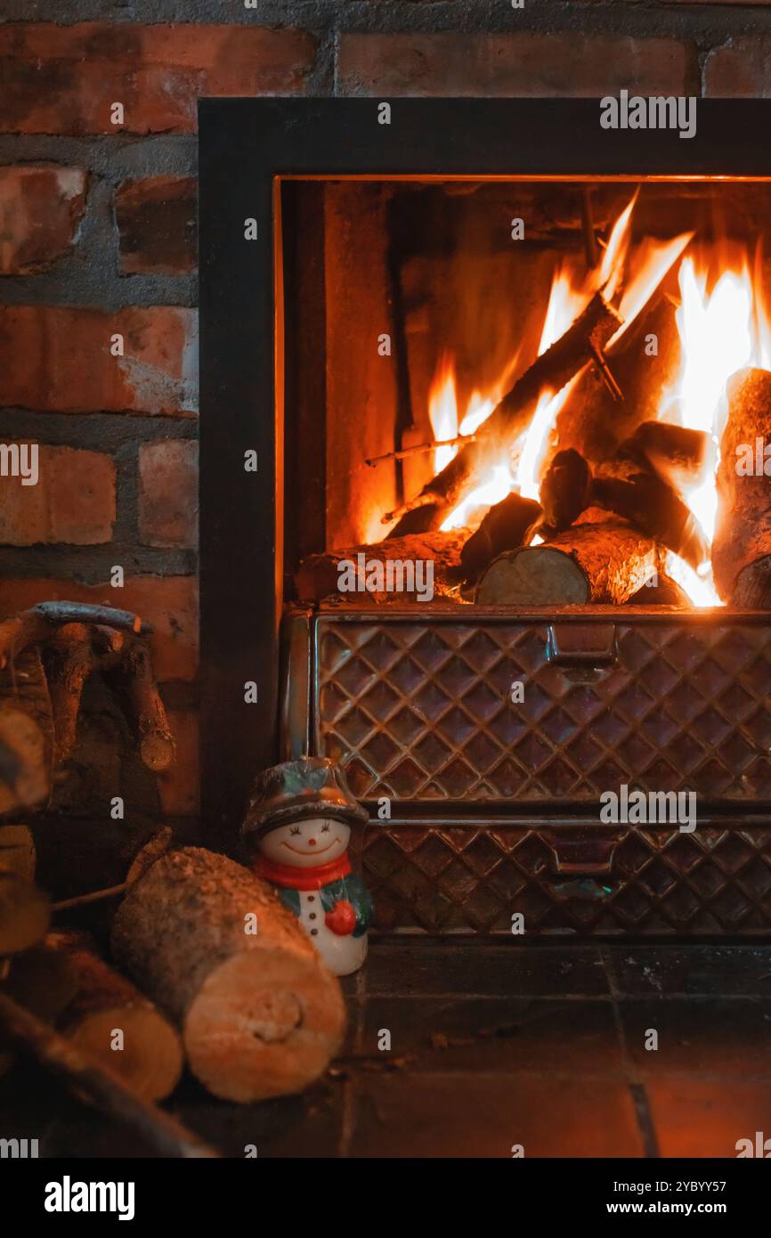 Festive Christmas Log Fire and Fireplace with Snowman Decoration 01 ...