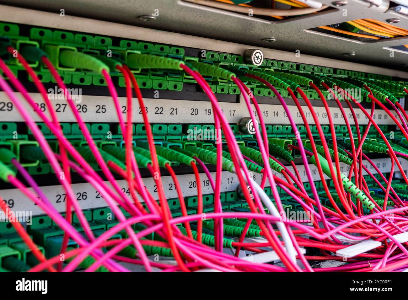 Lot of red optic fiber cables connected to rack router Stock Photo - Alamy