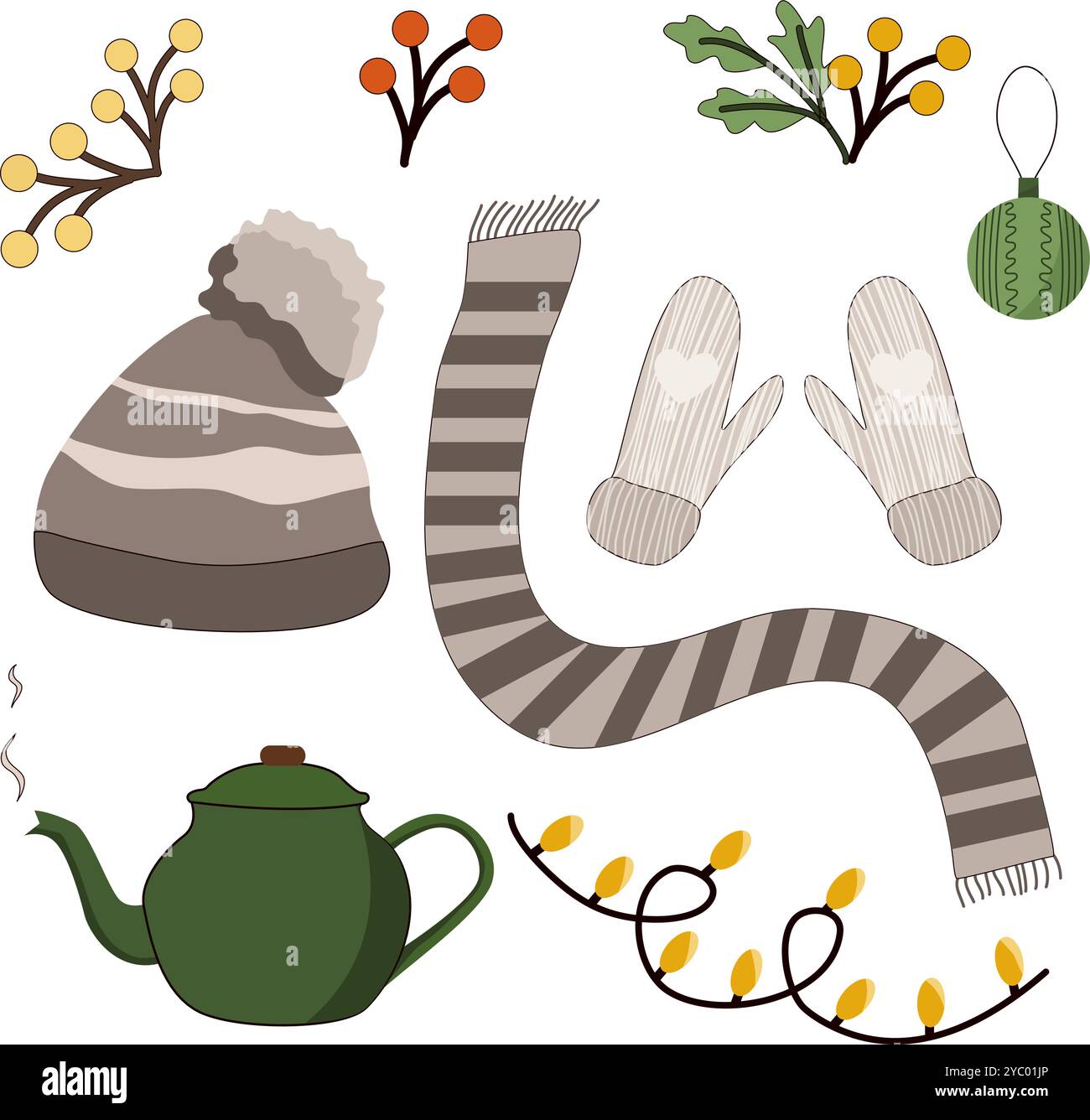 Set with cozy winter elements. Scandinavian hygge set with warm, cozy ...