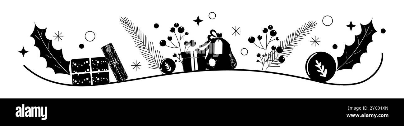 Doodle Christmas celebration border in black and white. Vector hand ...