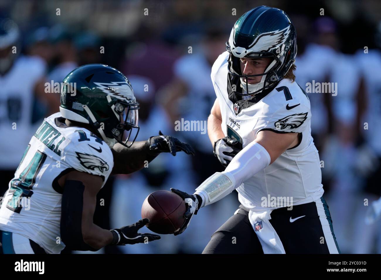 Philadelphia Eagles quarterback Kenny Pickett (7) hands off the ball to ... Philadelphia Eagles quarterback Kenny Pickett (7) hands off the ball to ...