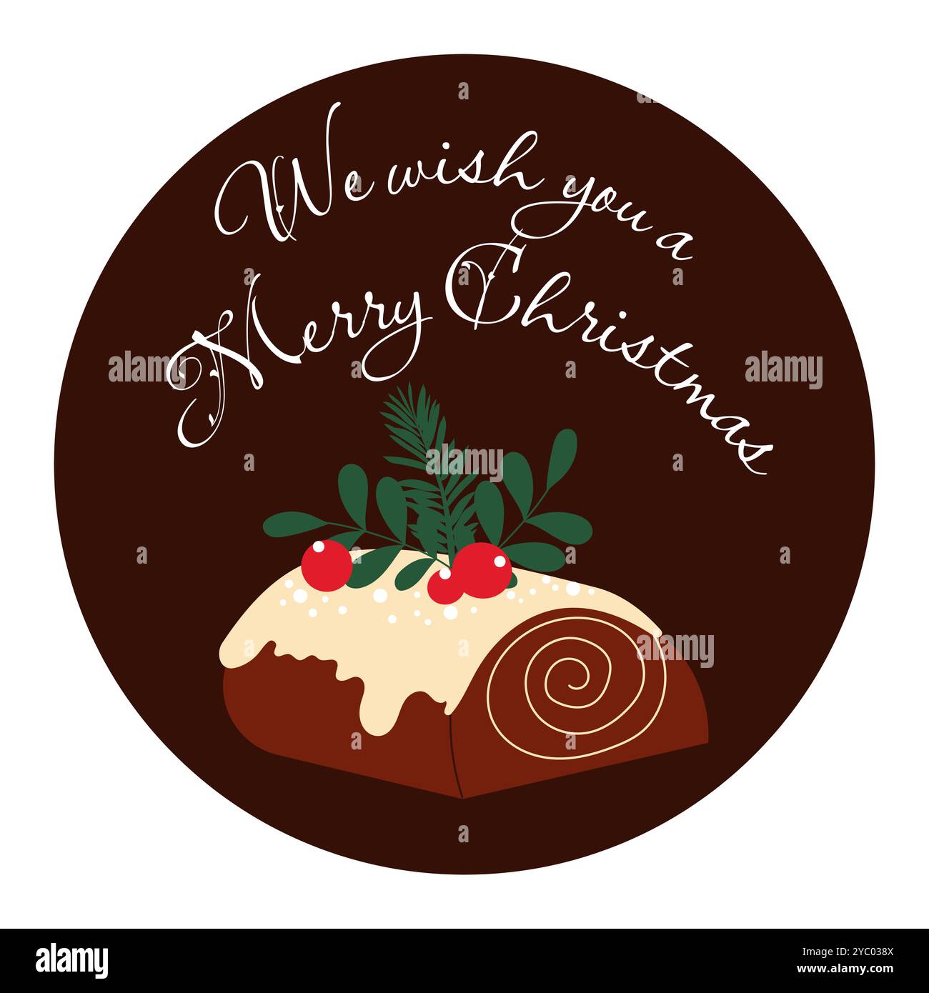 Hand drawn Christmas circle illustrative label with traditional cake ...