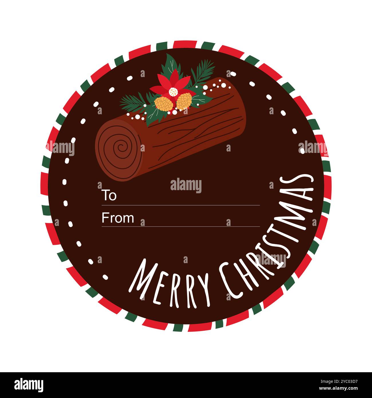 Hand drawn Christmas circle illustrative label with traditional cake ...