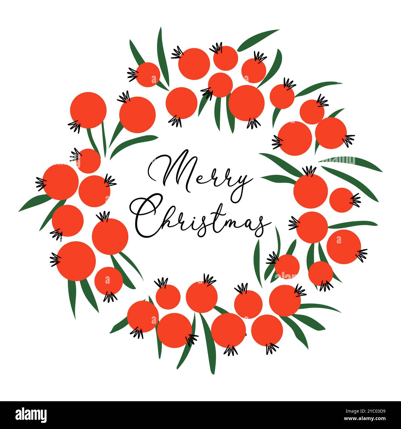 Hand drawn circle Christmas illustrative label with red berries. Vector ...